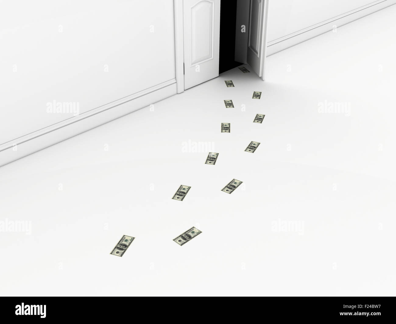 Banknotes lying on floor of room leading to open door Stock Photo - Alamy