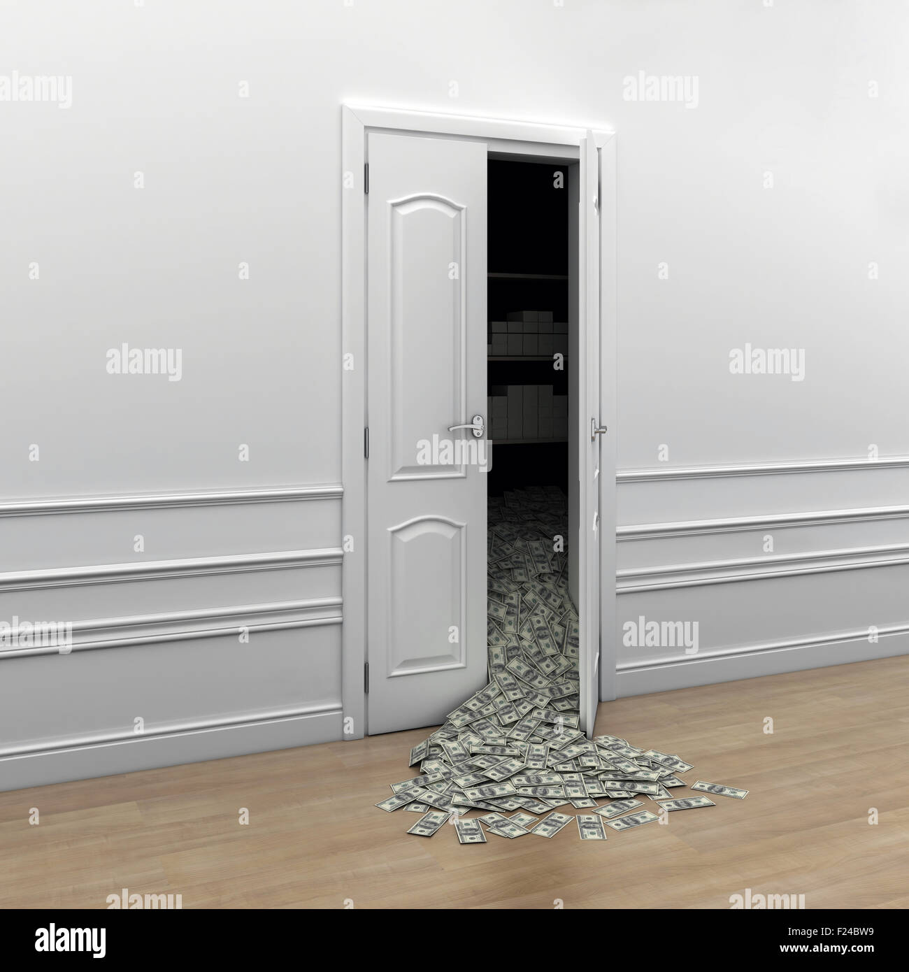 Open door and a mountain of banknotes in dollar terms Stock Photo - Alamy