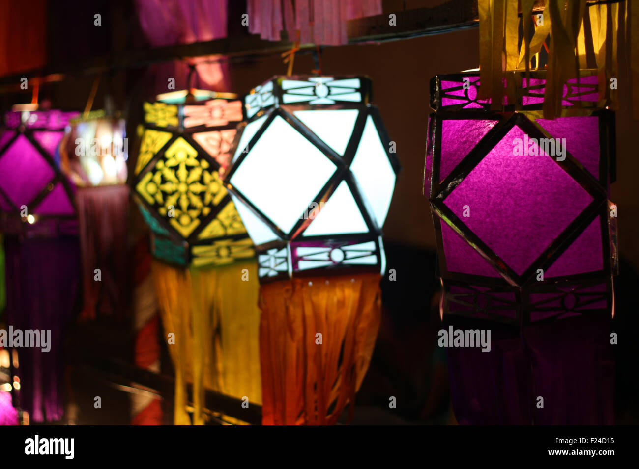 Traditional handmade lanterns lit up on the occassion of Diwali ...