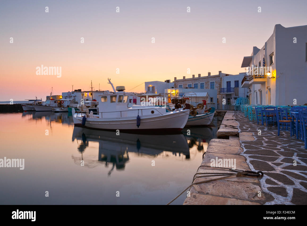 View of the port in Naousa village on Paros island, Greece Stock Photo ...