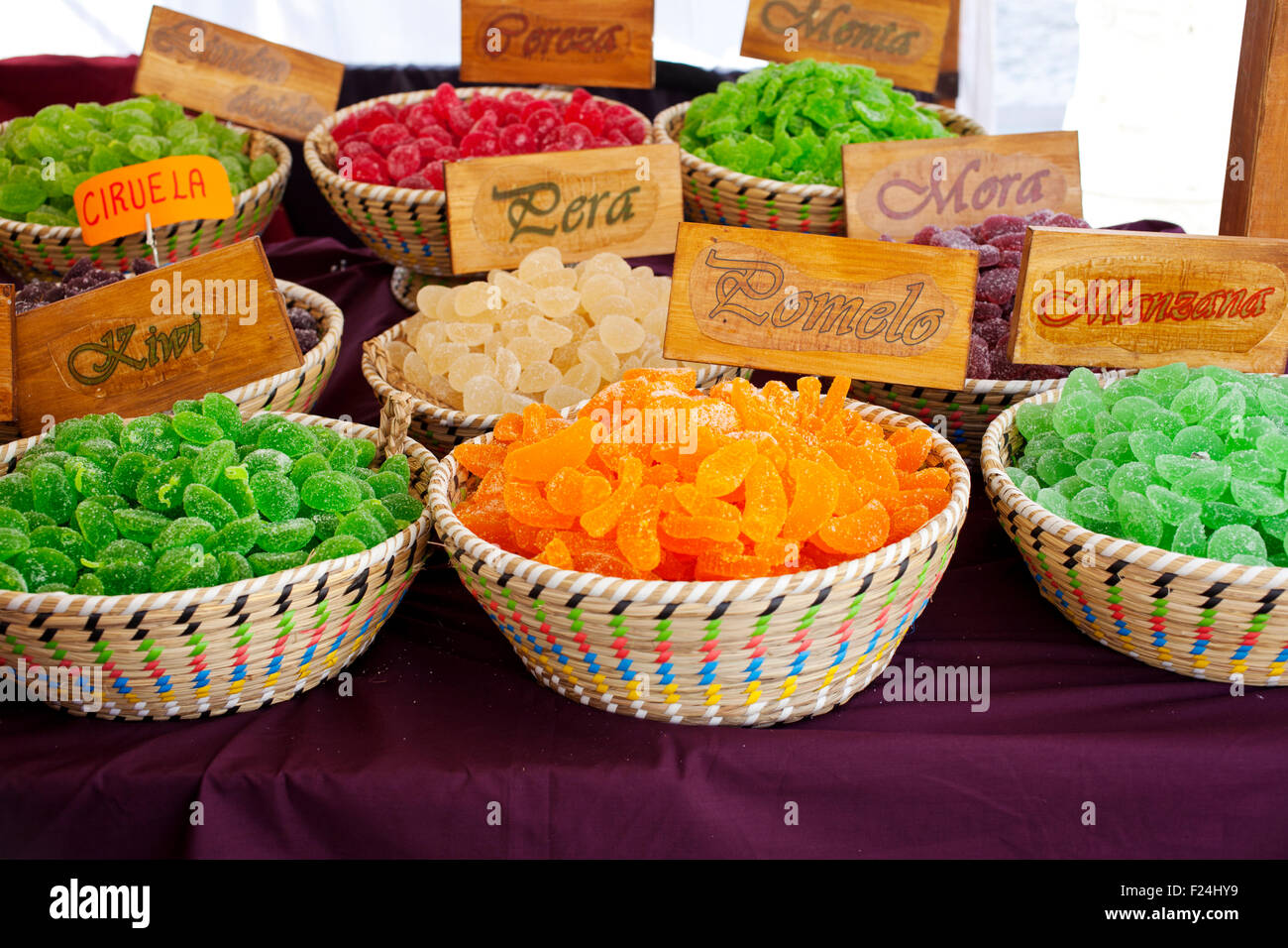 Photo of candies inside wicker baskets Stock Photo - Alamy