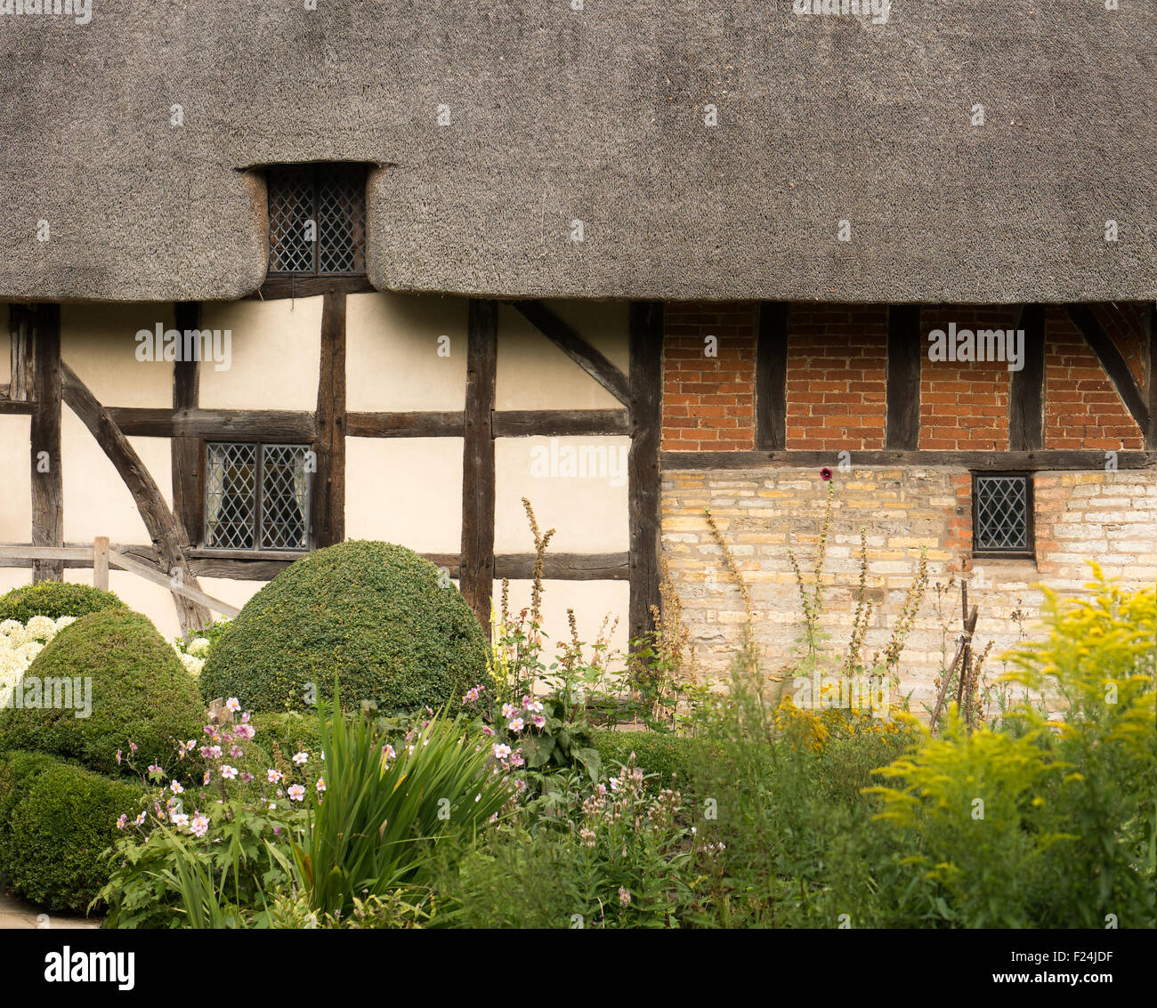 The sixteenth century thatched farmhouse at the village of Shottery ...