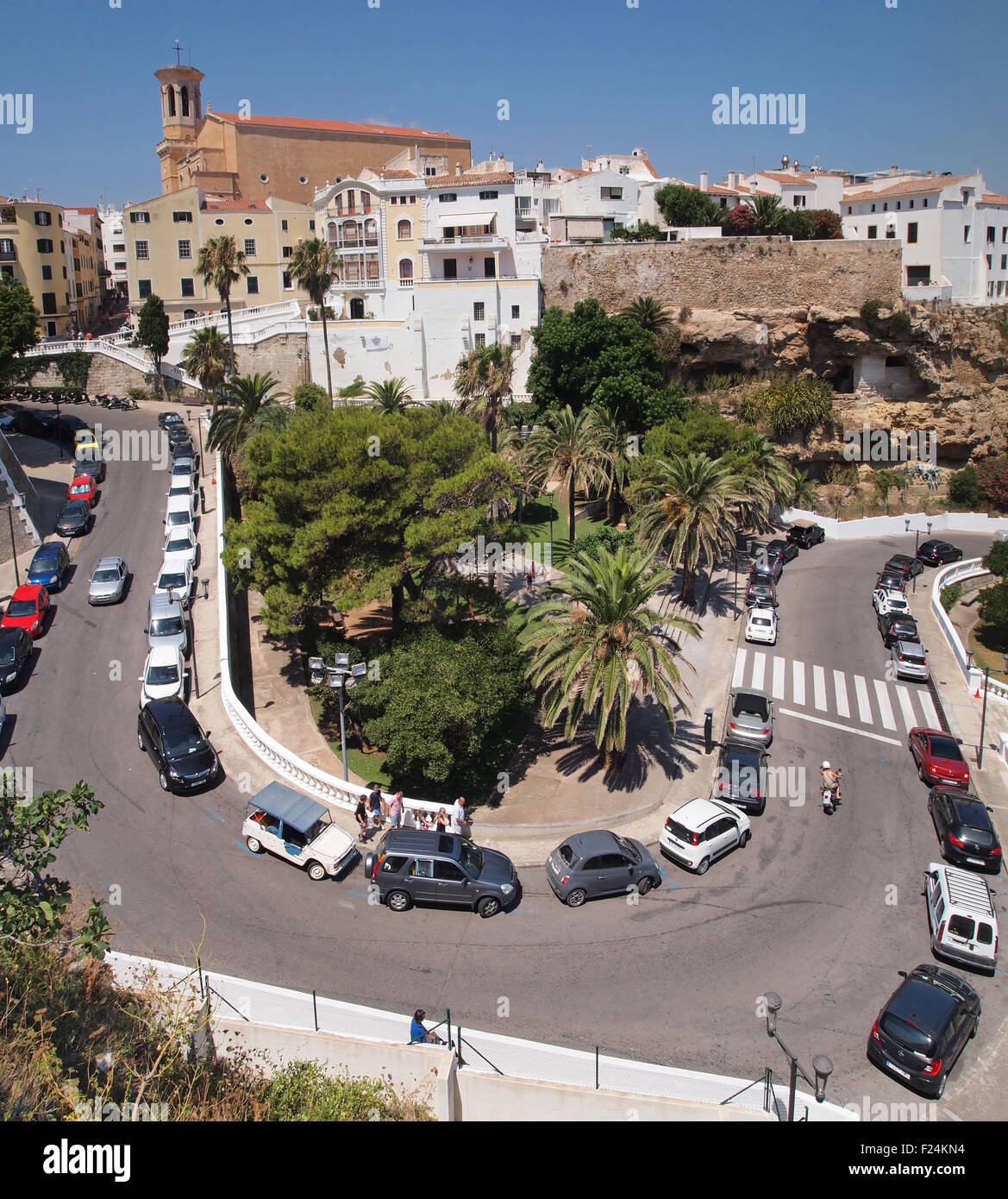 The Minorcan port of Mahon, showing the cathedral and road winding down ...