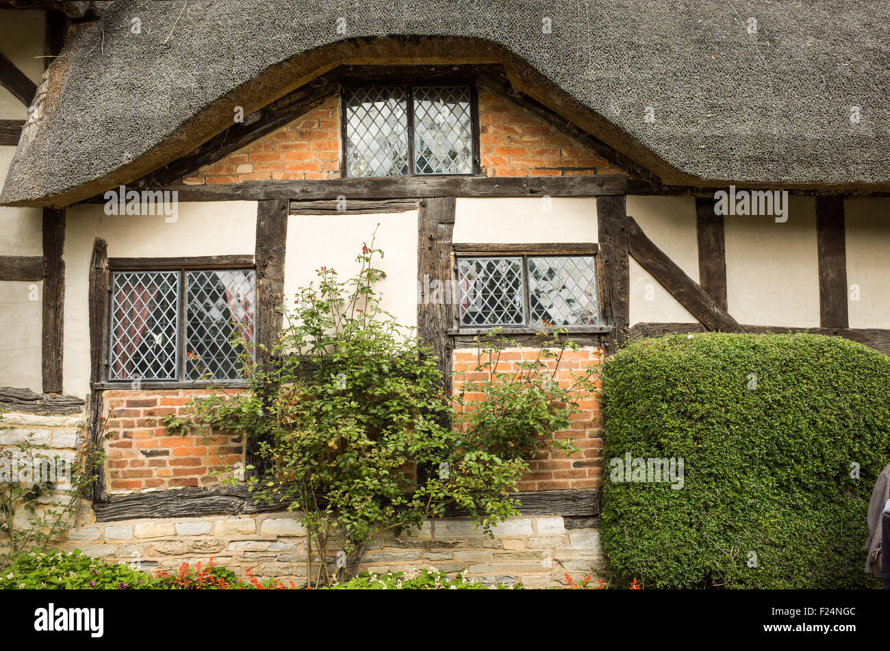 The sixteenth century thatched farmhouse at the village of Shottery ...