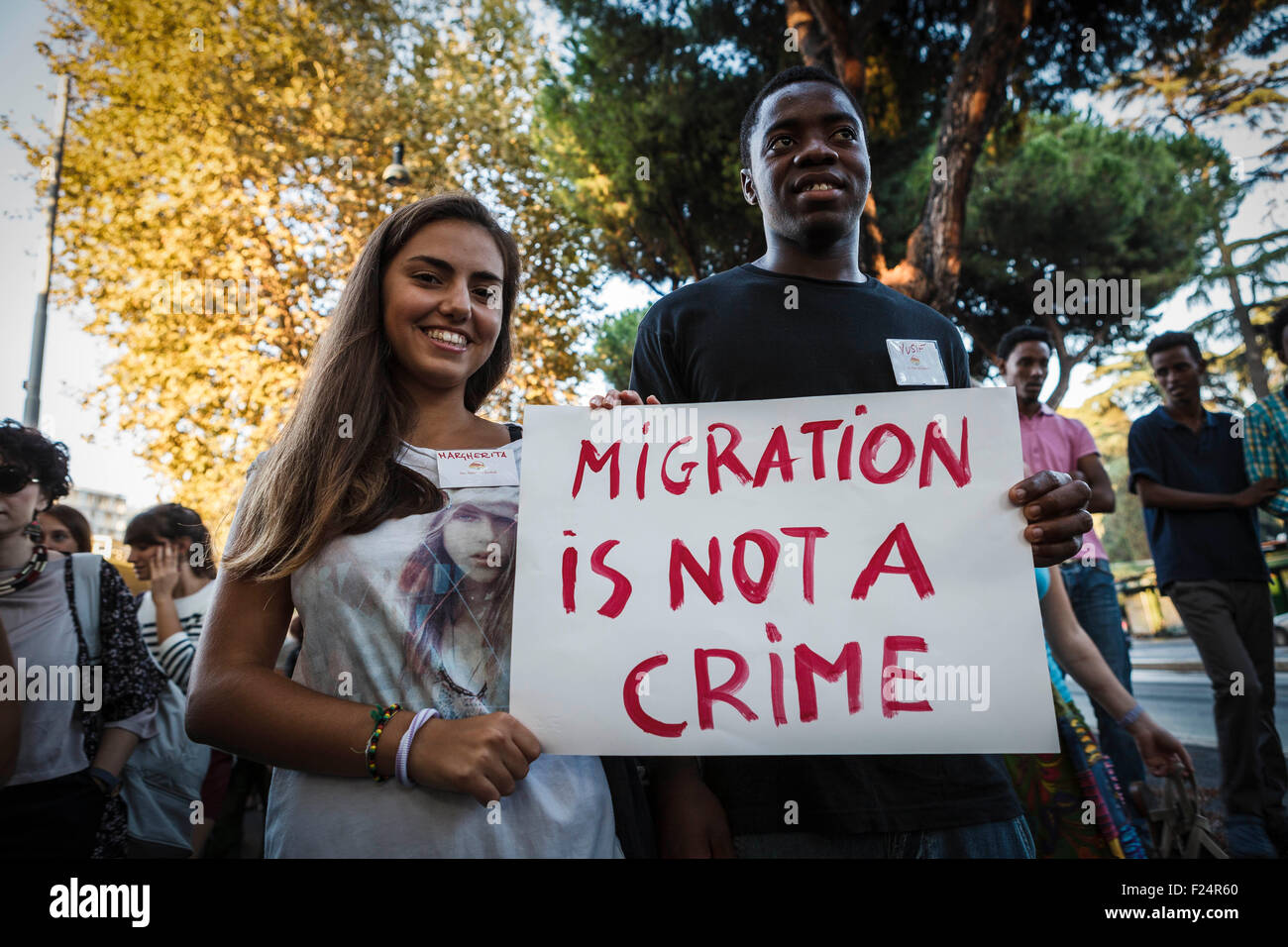 Rome, Italy. 11th Sep, 2015. Demonstrator hold a sign reading ...