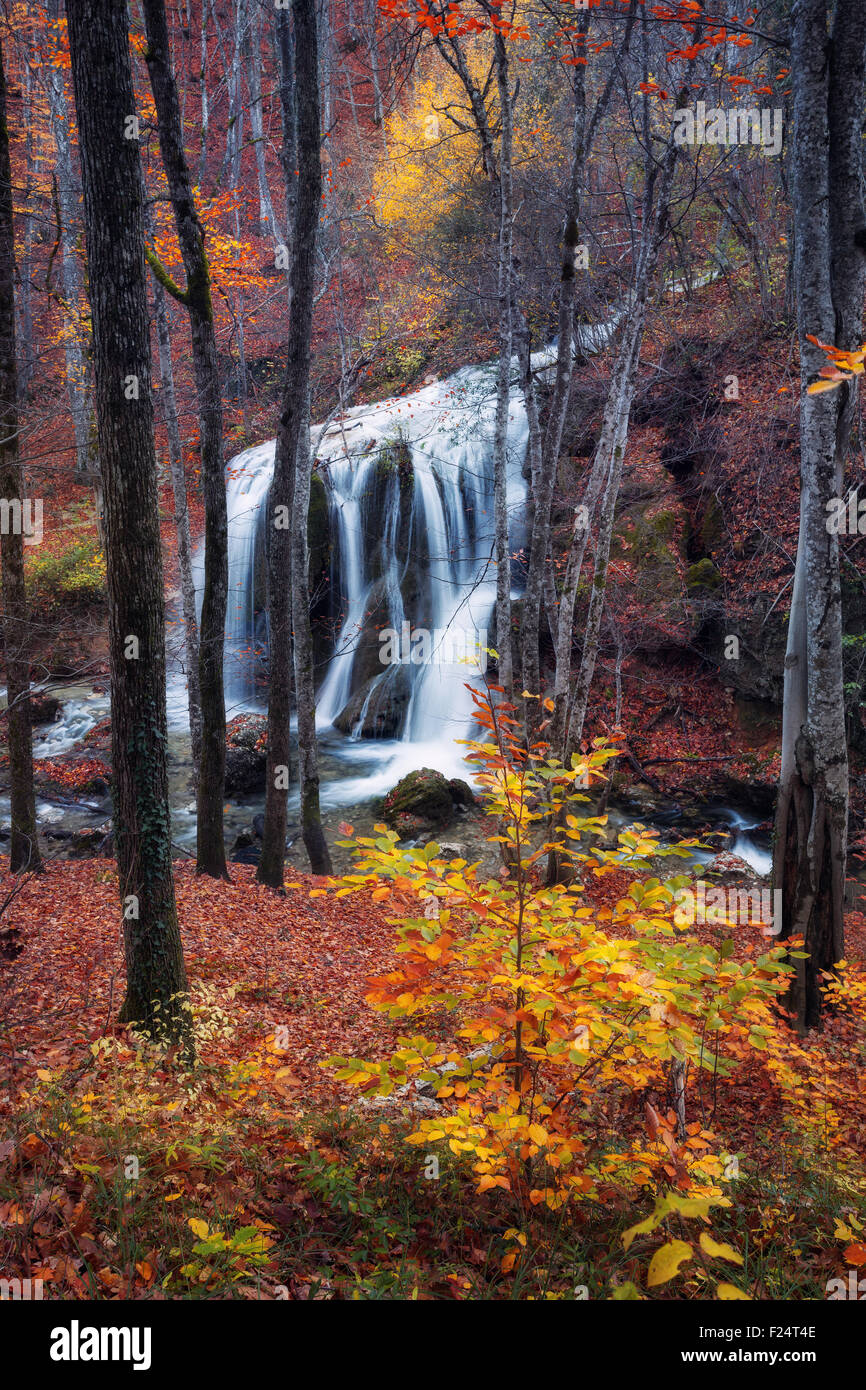 Beautiful waterfall in autumn forest in crimean mountains at sunset ...