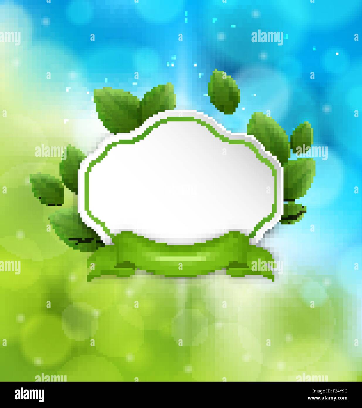 Abstract label with eco green leaves and ribbon on glowing backg Stock ...