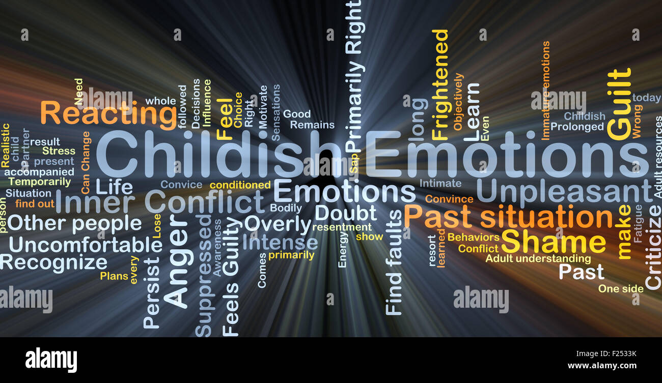 Background concept wordcloud illustration of childish emotions glowing ...