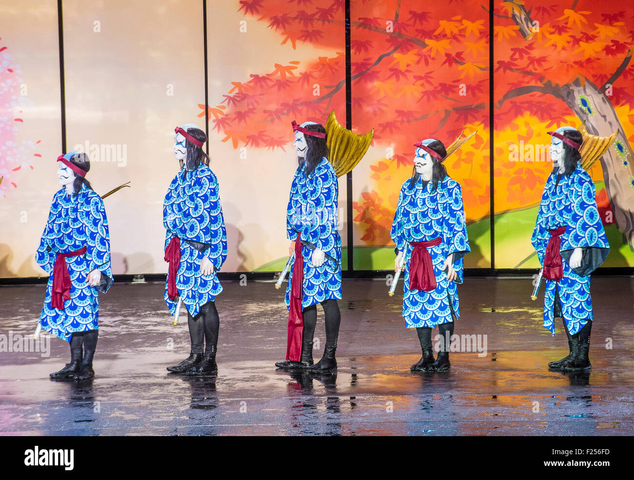 Traditional Japanese Kabuki performance in front of the Bellagio hotel ...