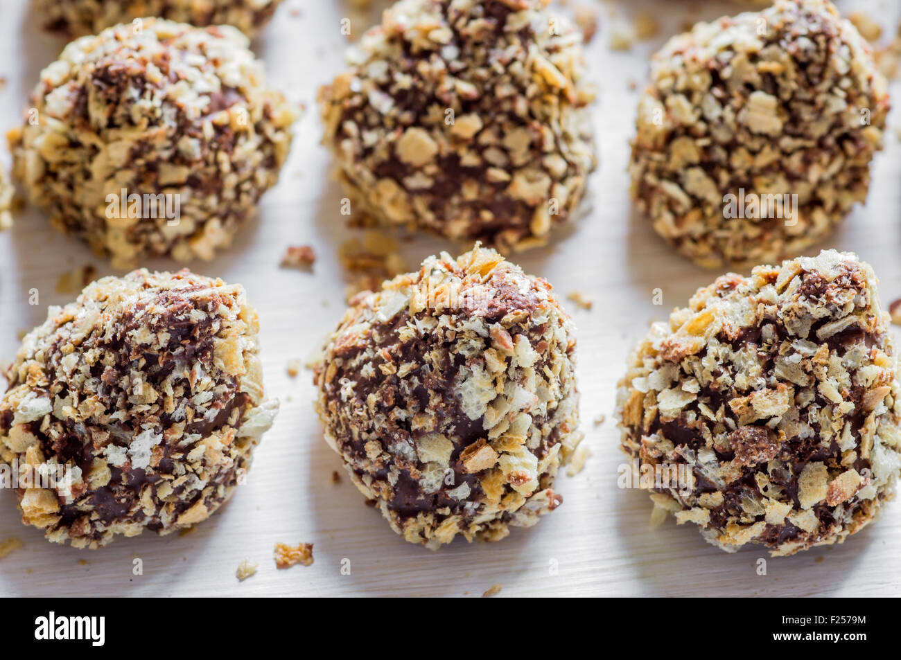 Chocolate truffle crumbs sprinkled top view Stock Photo - Alamy