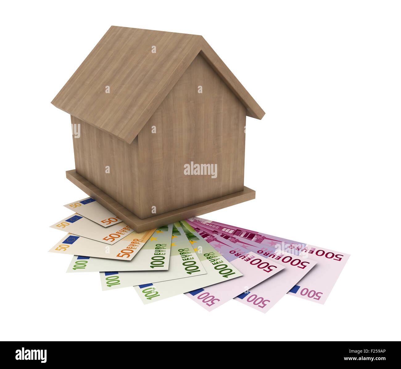 Wooden house with paper money. 3d render on a white background Stock ...