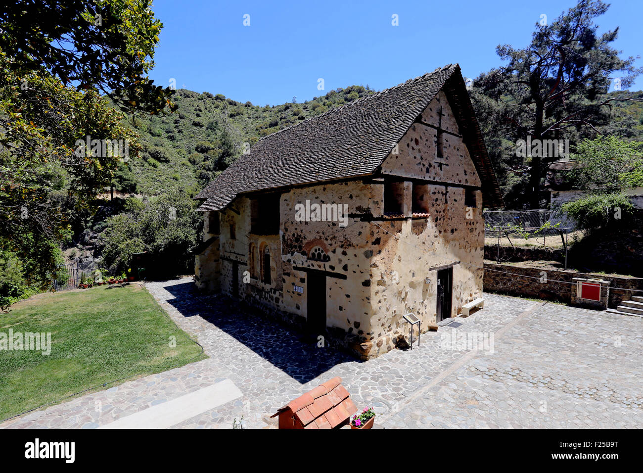 Barn roof church in the Troodos Mountains in Cyprus. Cypriot Orthodox ...