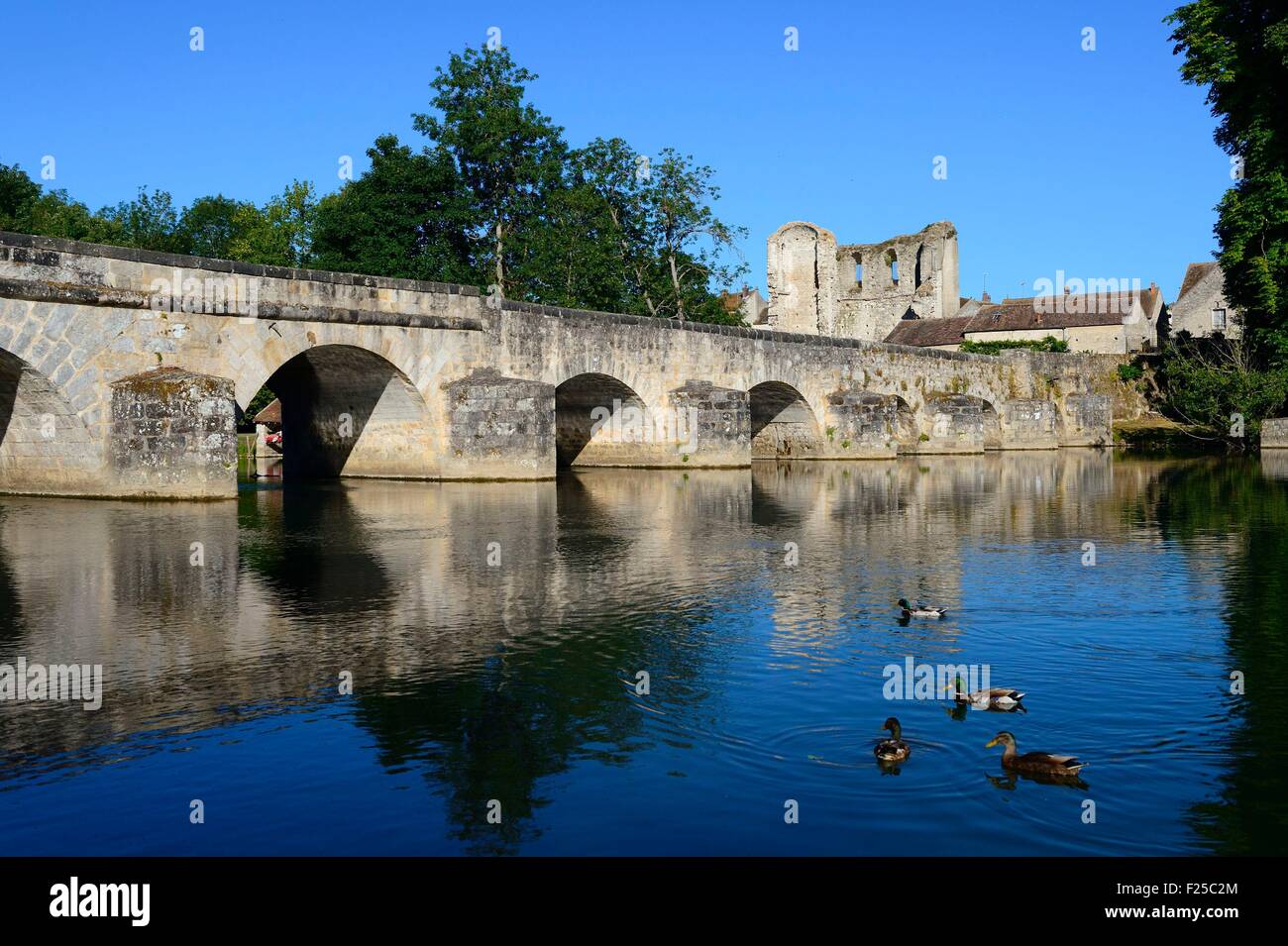France, Seine et Marne, Grez sur Loing, Loing river and the old bridge ...