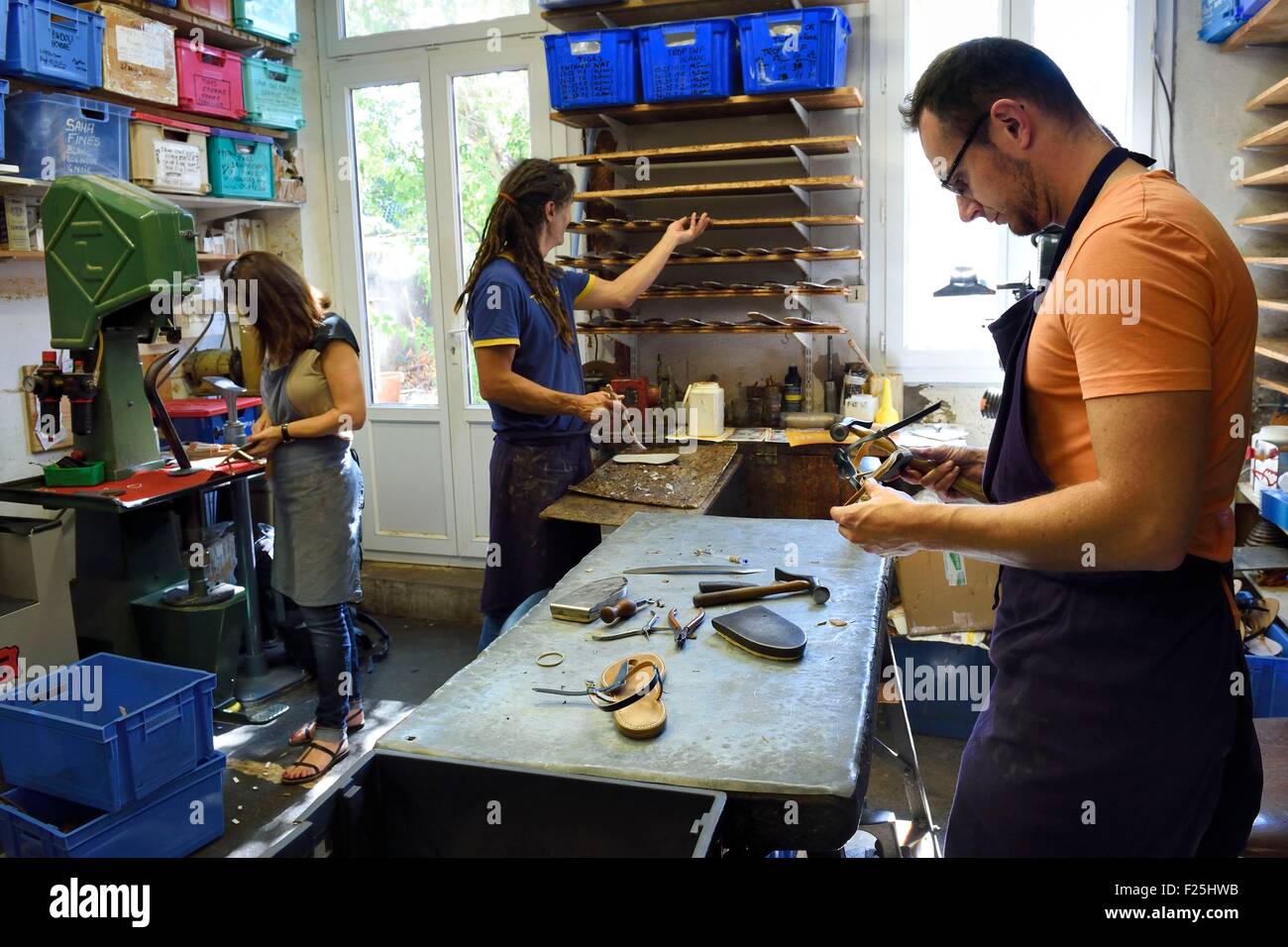 France, Var, Saint-Tropez, production of local sandals (Rondini sandals ...