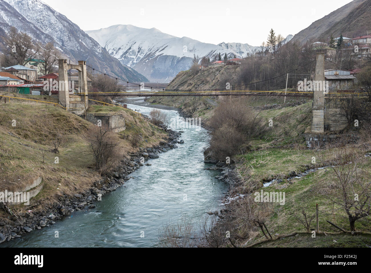 Bridge over Terek River in Stepantsminda town in Greater Caucasus Range ...