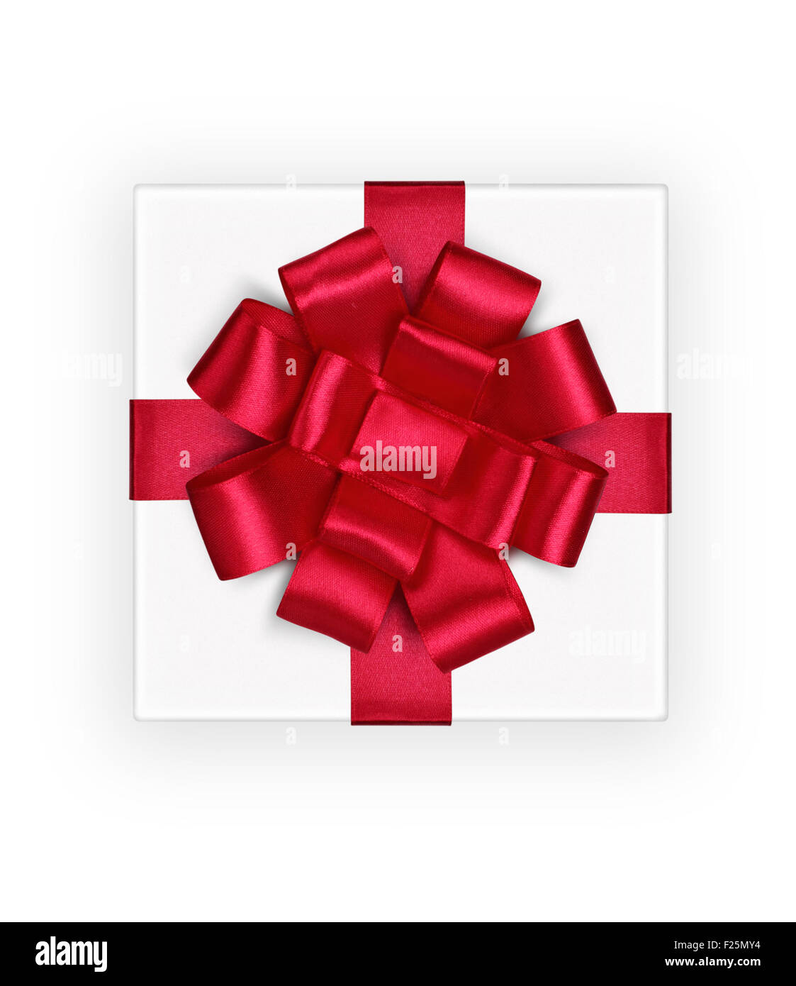 Gift box, top view, with red ribbon and bow isolated on white, path ...