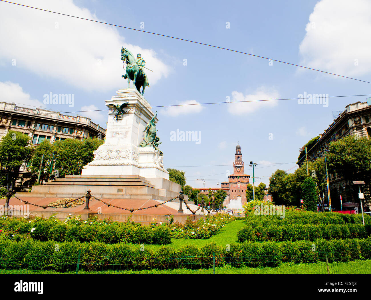 Garibaldi monument and sforzesco castle, Milan Stock Photo - Alamy