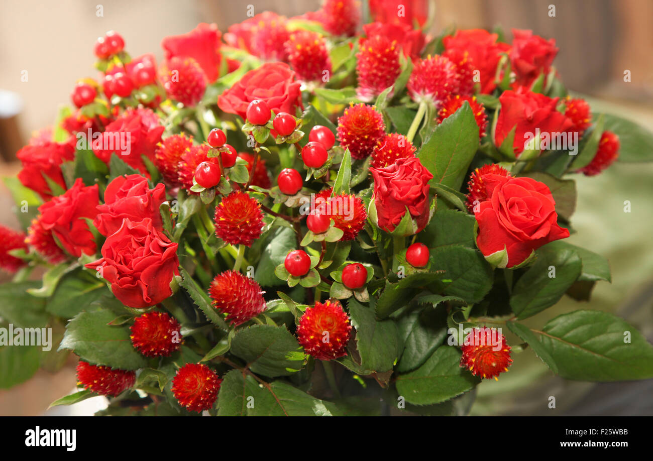 modern bouquet of red roses and red berries Stock Photo - Alamy