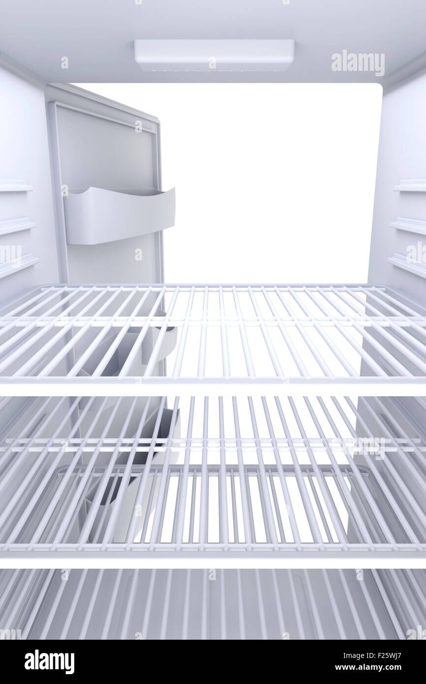 Inside view of an empty white fridge with open door Stock Photo - Alamy
