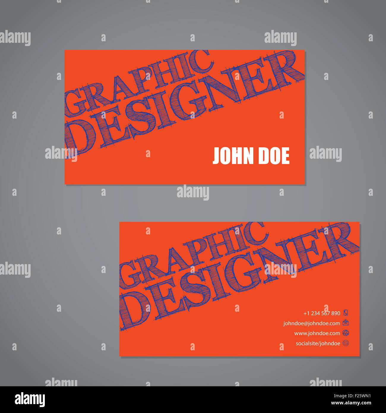 Scribbled text business card design in orange blue and white color ...