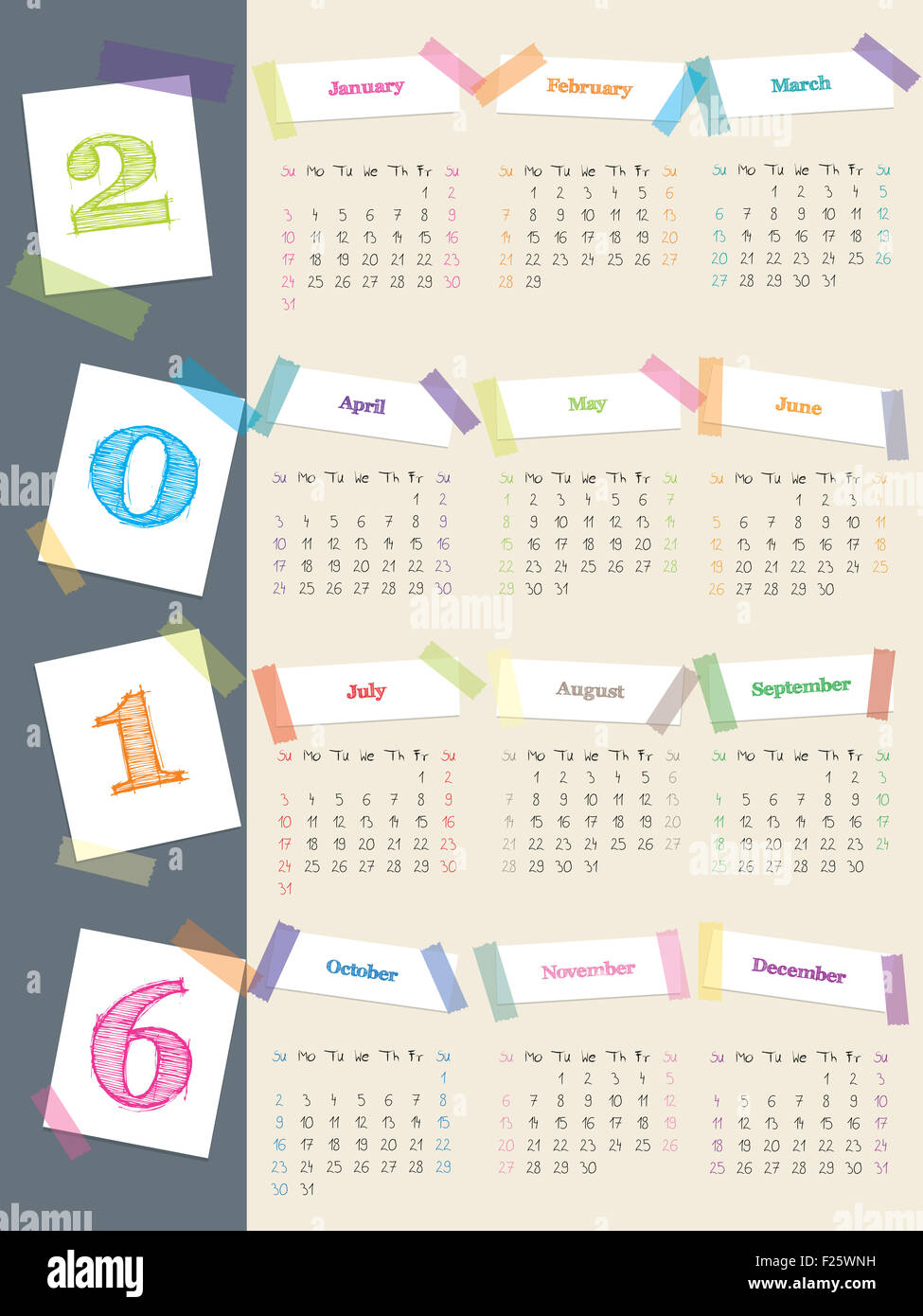 Cool calendar design with color tapes for year 2016 Stock Photo - Alamy