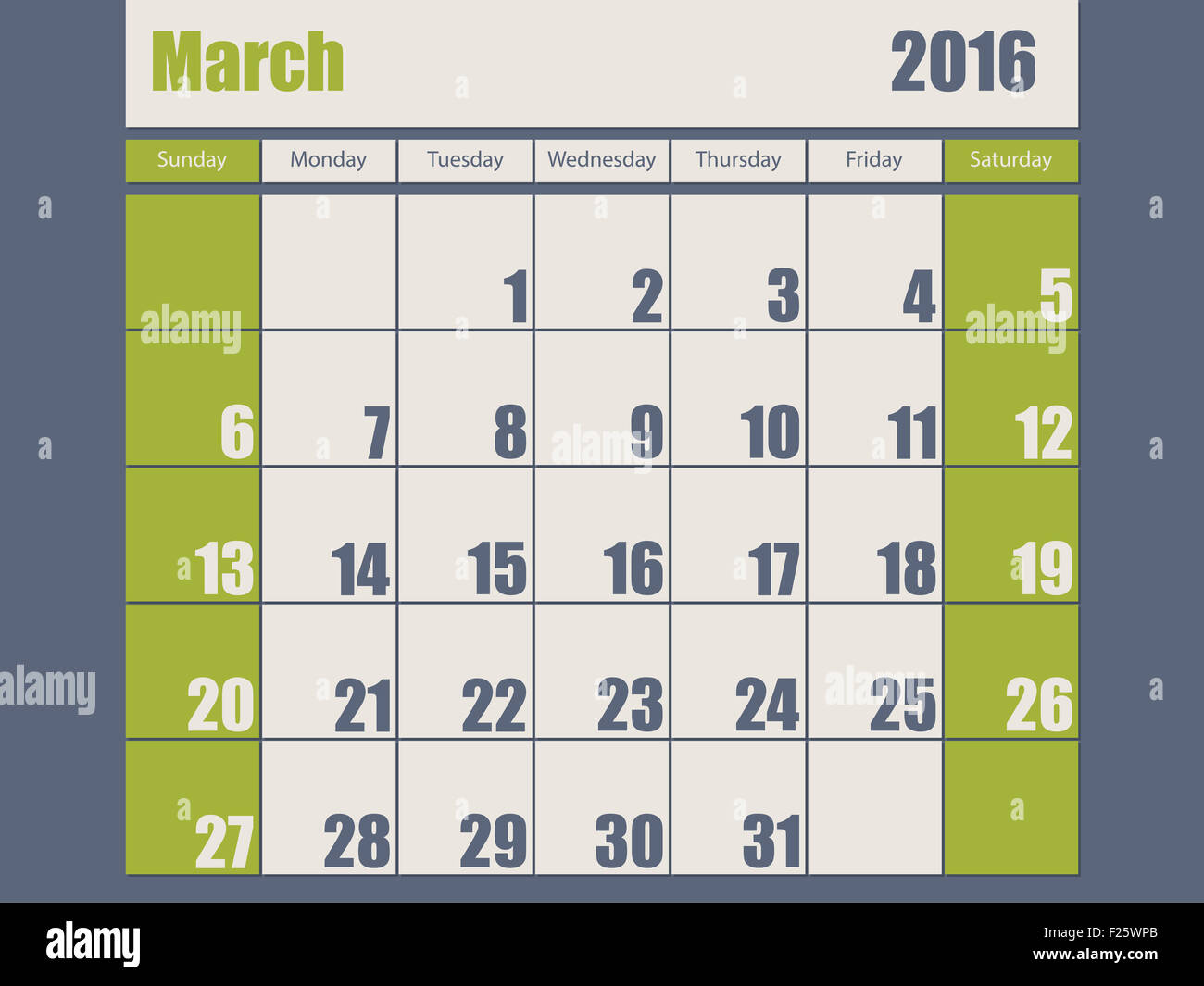 Blue green colored 2016 calendar design for march month Stock Photo - Alamy