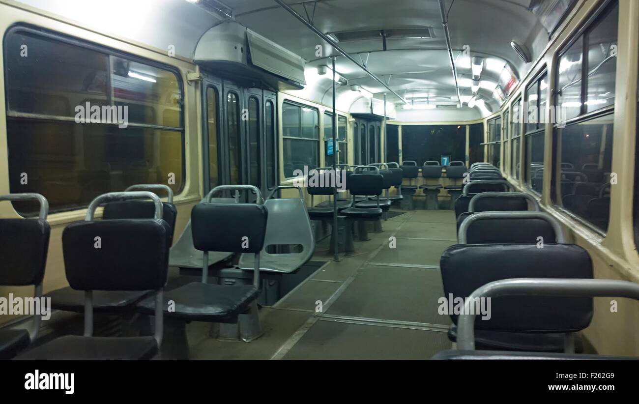 inside old empty tram at night Stock Photo - Alamy