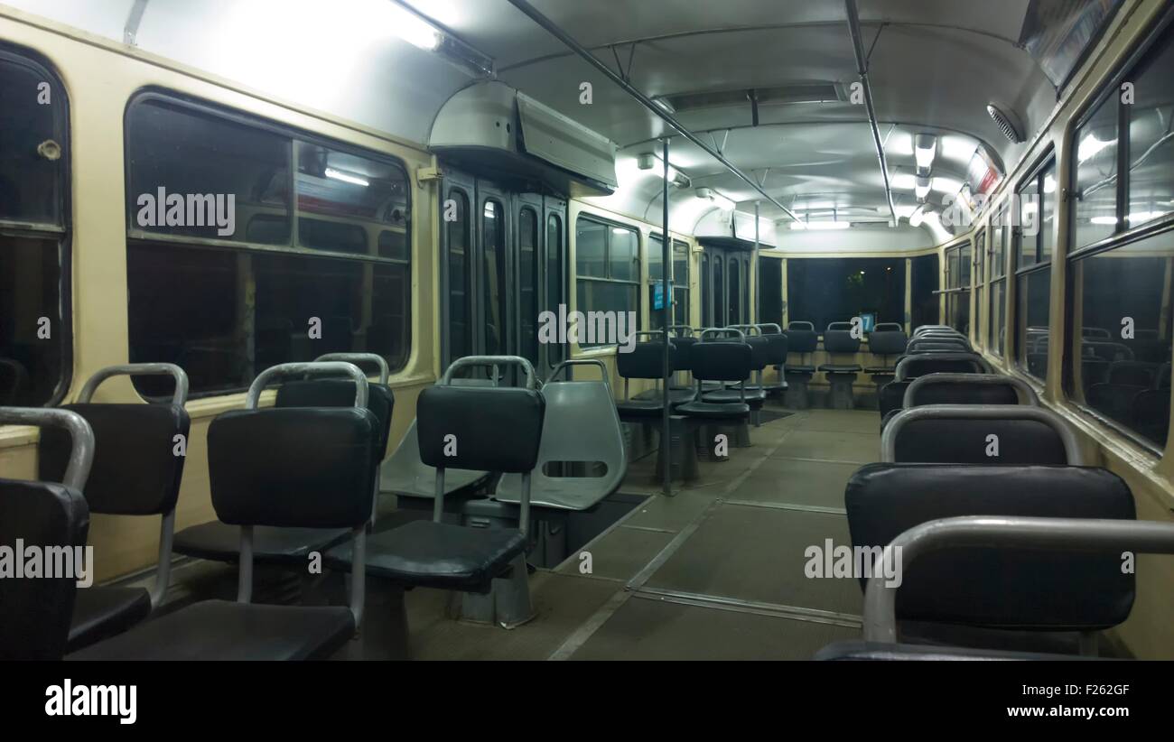 inside old empty tram at night Stock Photo - Alamy