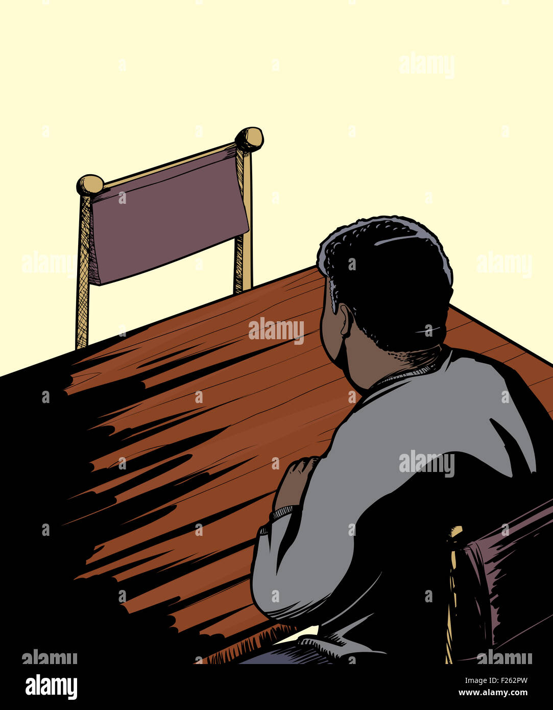 Single man sitting at table facing an empty chair Stock Photo - Alamy