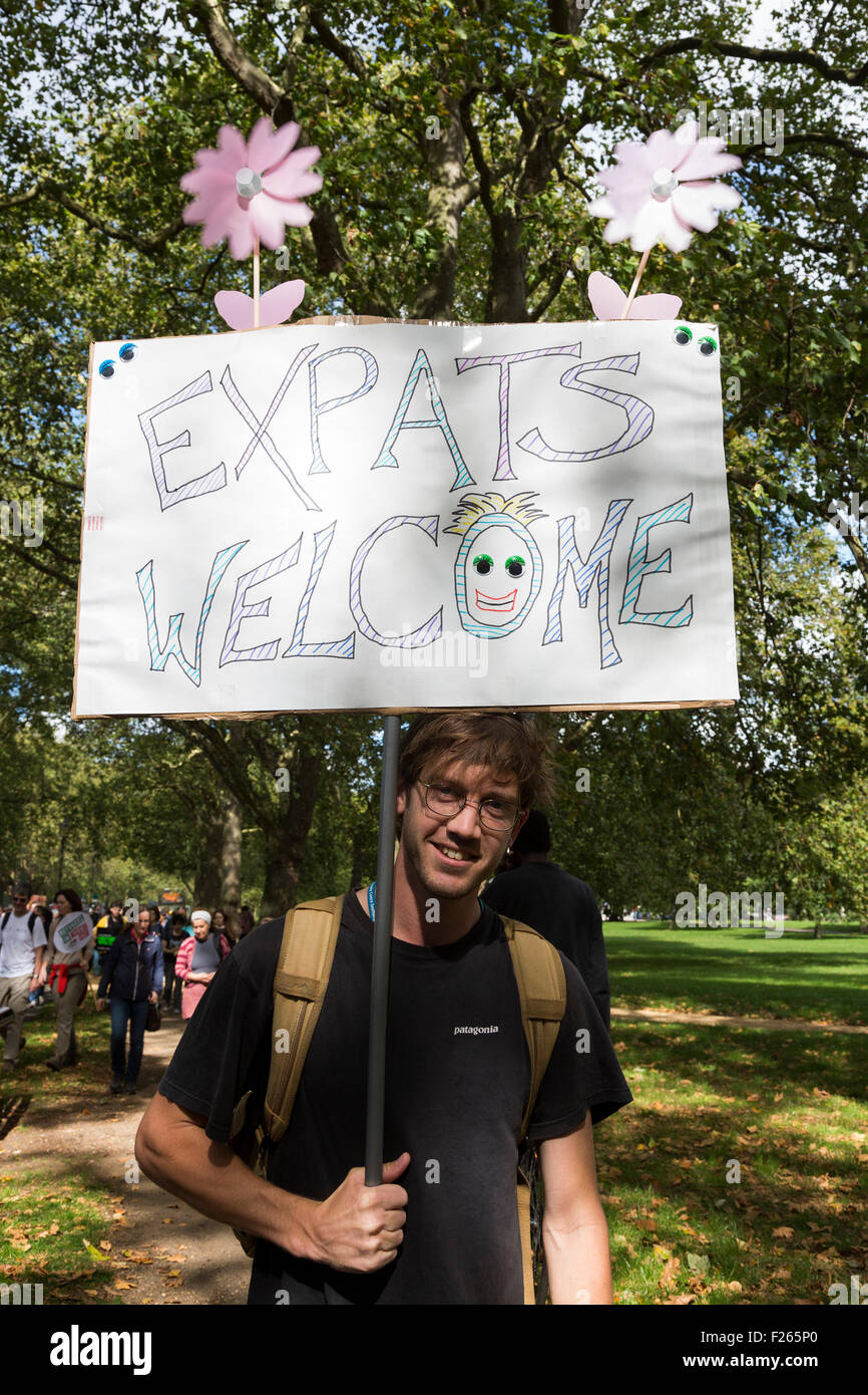 London, UK. 12th September, 2015. An "Expats Welcome" poster. Tens of ...