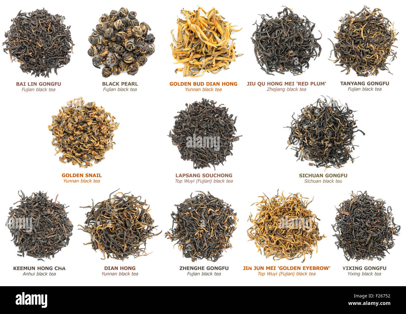 Famous chinese black tea varieties (also known as red tea) isolated on ...