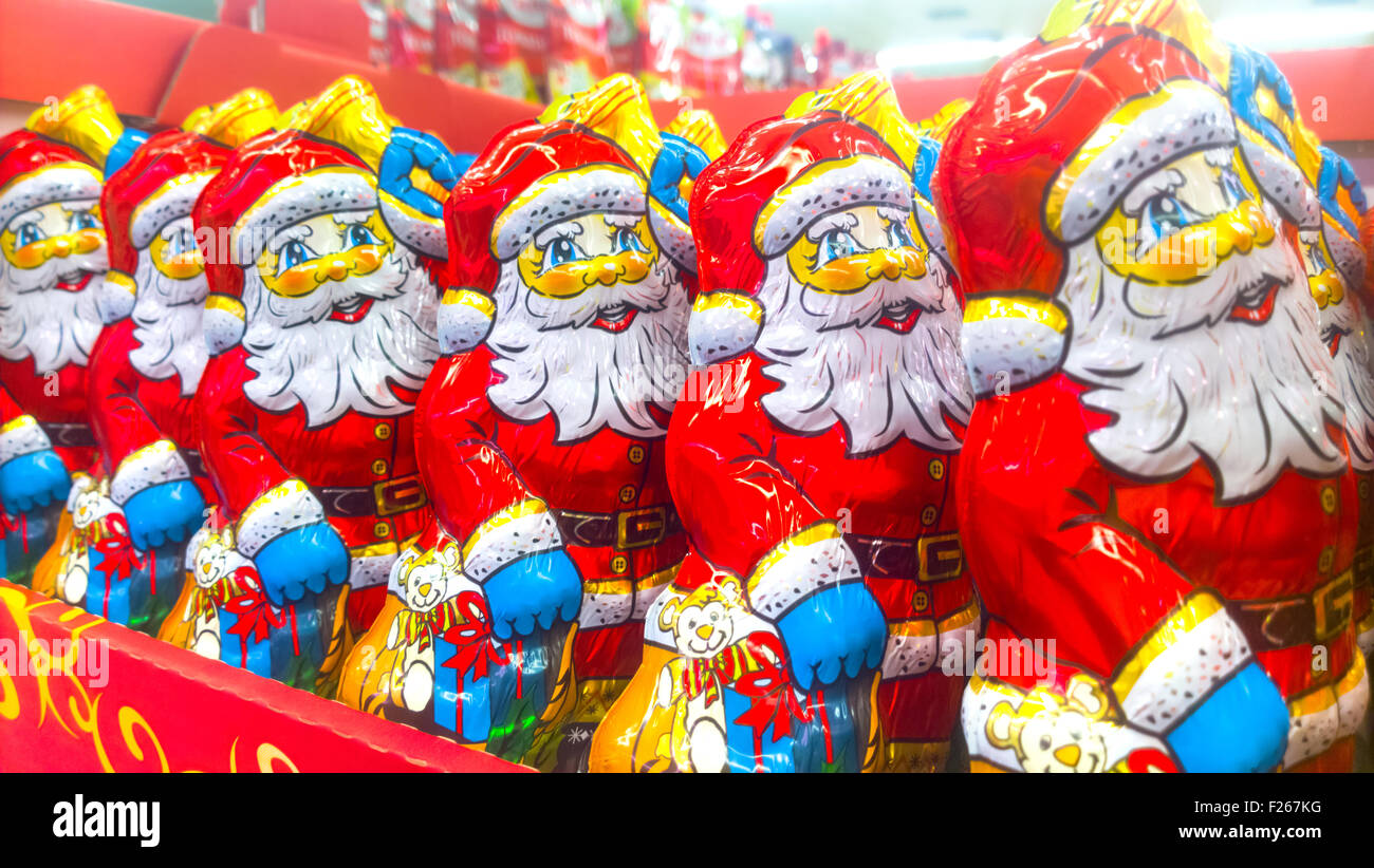 many colored chocolate Santa Claus Stock Photo - Alamy