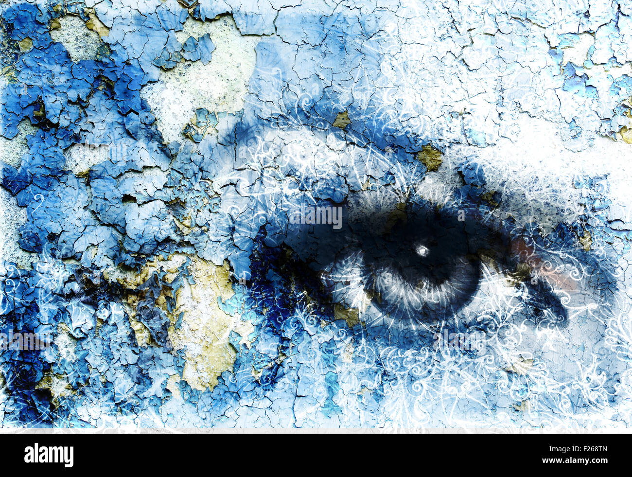 beautiful green women eye beaming, color rust effect, painting collage ...