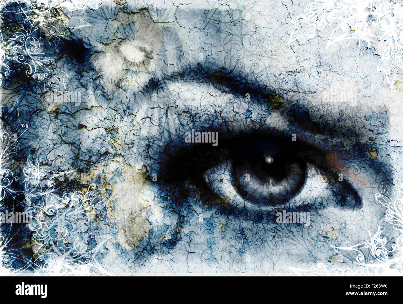 women eye beaming and bird, blue color painting collage, with ornament ...