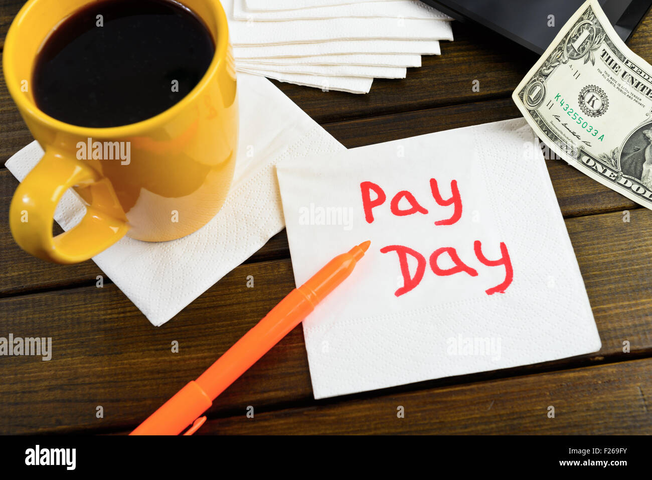 Pay day - motivational handwriting on a napkin with a cup of coffee and ...