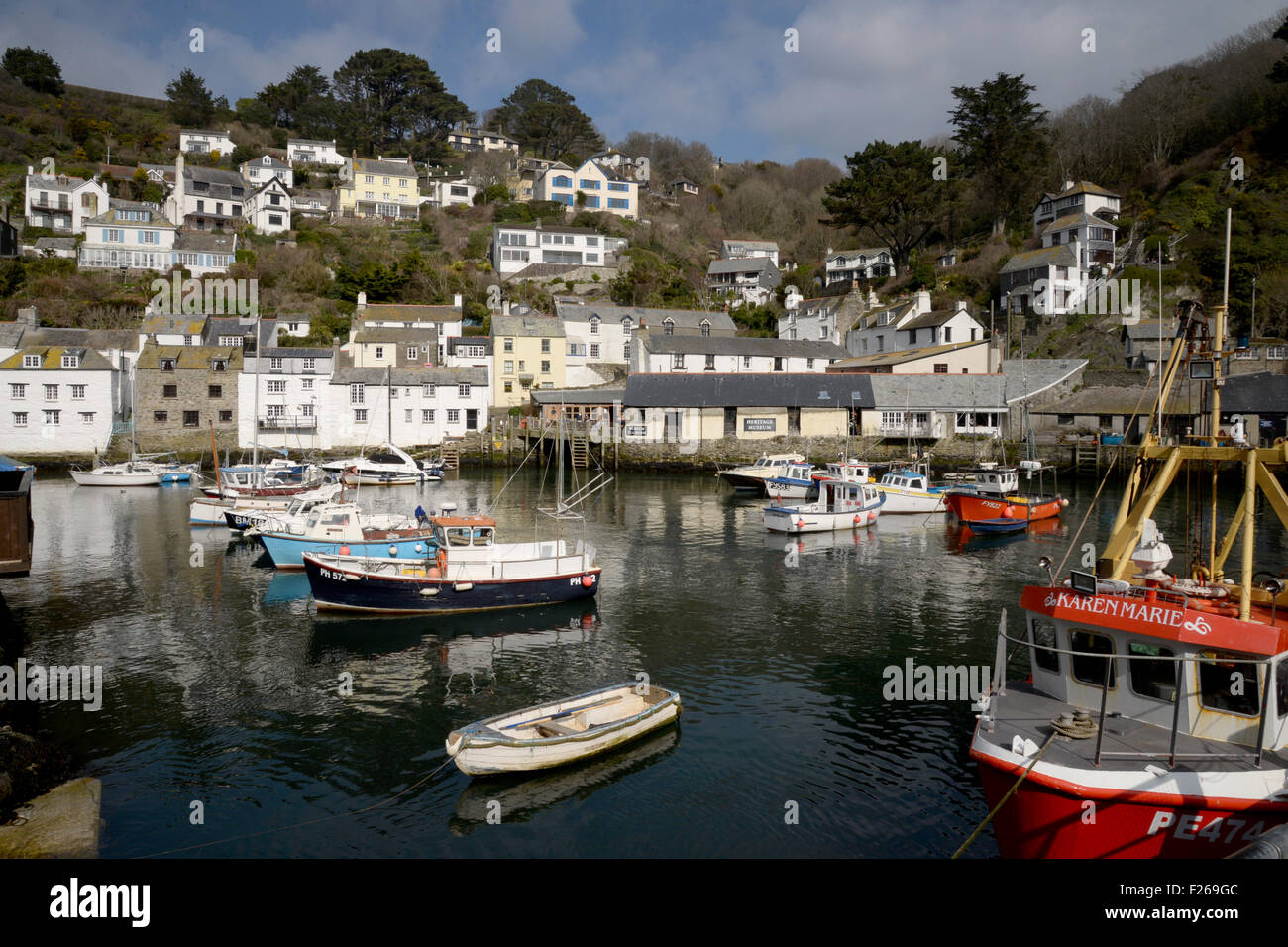 March 2015 Fishing boats at the harbour at Polperro in Cornwall Stock ...