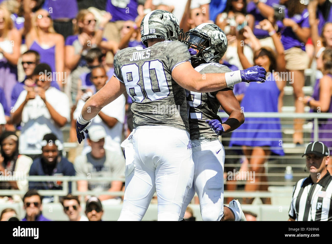 TCU running back Aaron Green (22) celebrates with tight end Buck Jones ...