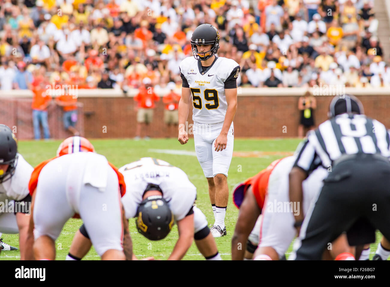 Appalachian State Mountaineers place kicker Zach Matics (59) sets up ...