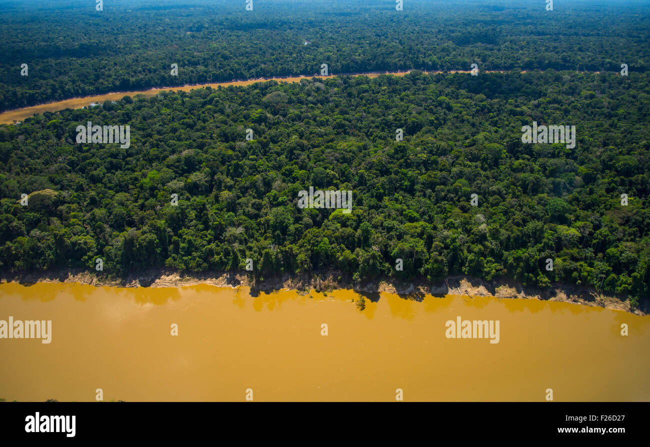 Rainforest aerial, Yavari River and primary forest, Amazon Region, Peru ...