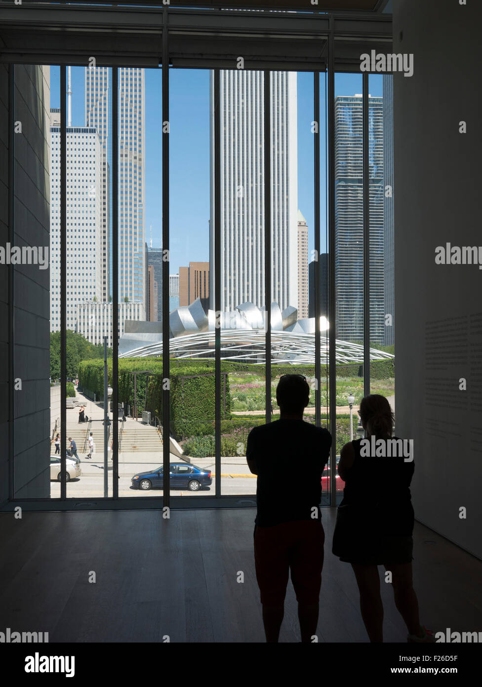 Visitors to Art Institute of Chicago, watching Chicago skyline through ...