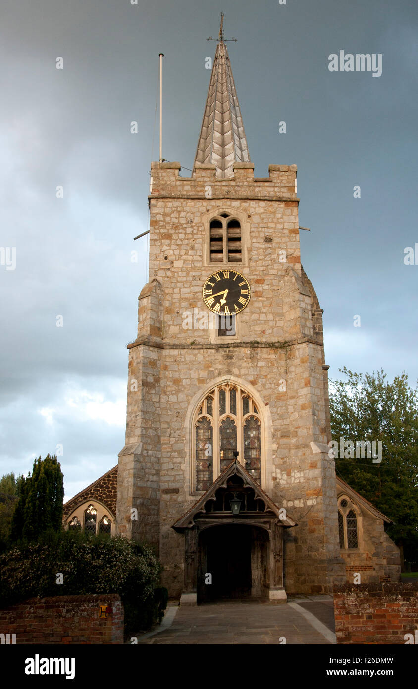 11th century Church of St Lawrence bathed in evening light, Chobham ...