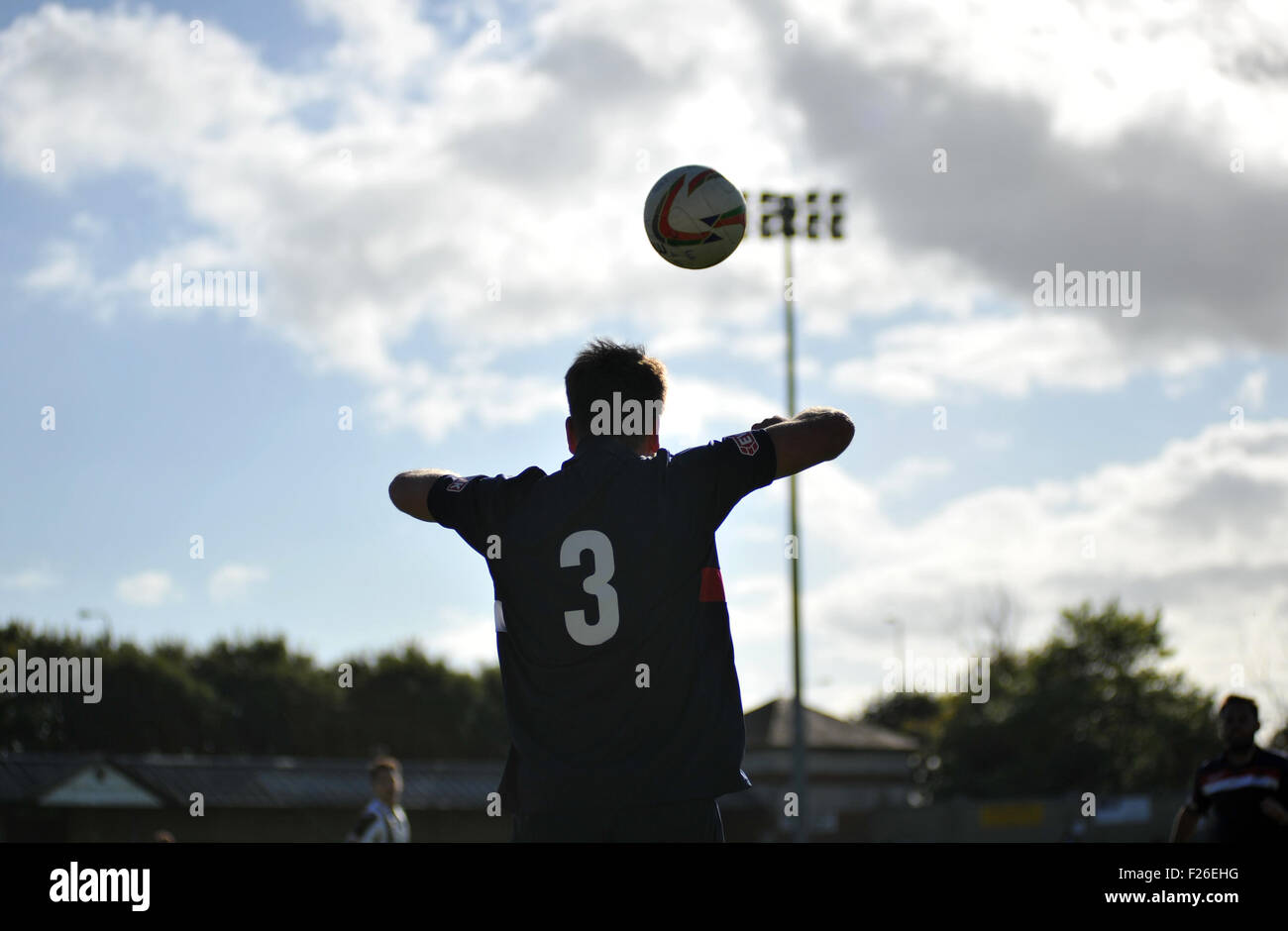 Dorchester, England. 12th September 2015. Mark Pritchett takes a throw ...