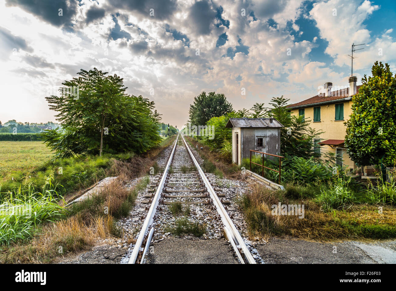 Rails of a country railroad crossing under a cloudy sky in Summer in ...