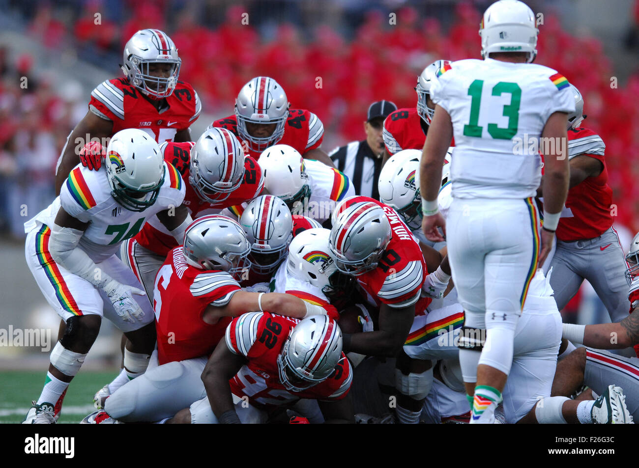 September 12th, 2015: Buckeyes defense stop the Rainbow Warriors during ...
