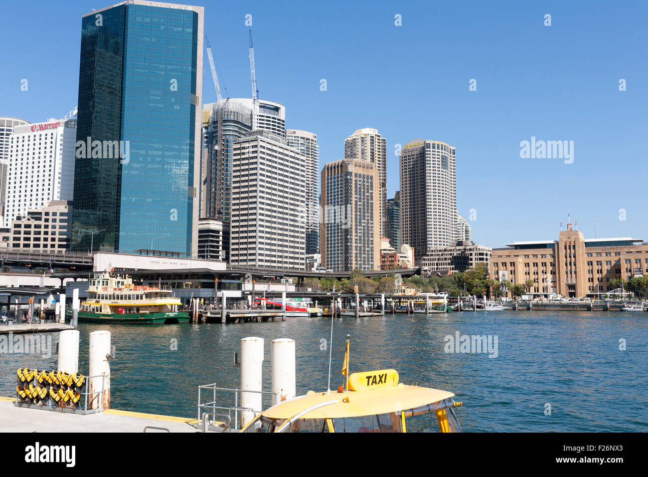 View of Circular Quay ferry terminal and high rise office buildings and ...