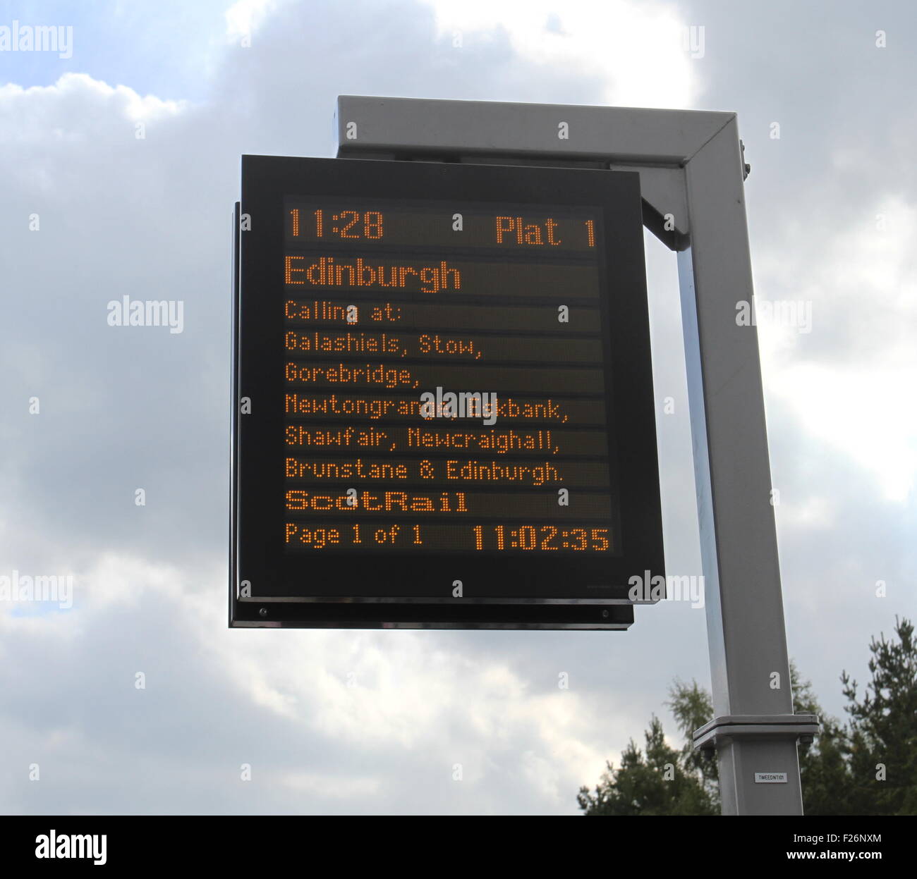 Departure board Tweedbank railway station terminus of Borders Railway ...