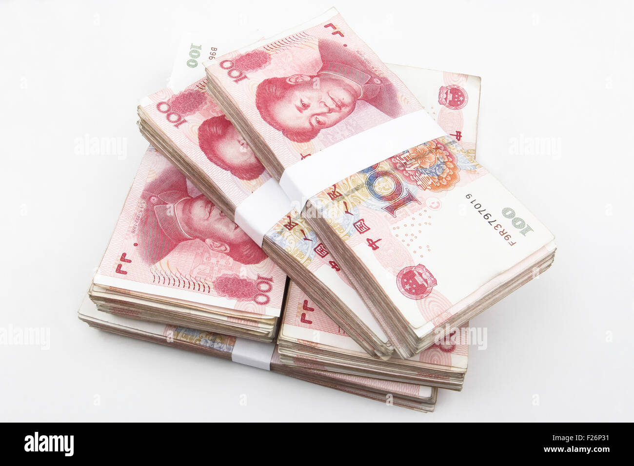 Chinese 100 RMB banknotes Stacked, on a white background Stock Photo ...