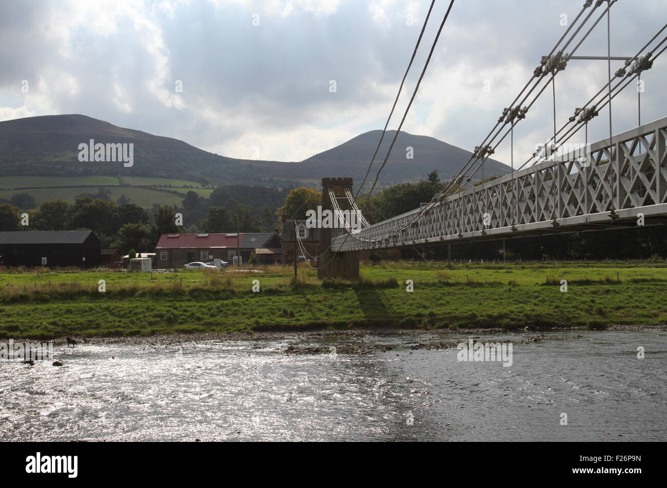 Chain Bridge over River Tweed and Eildon Hills Melrose Scotland ...