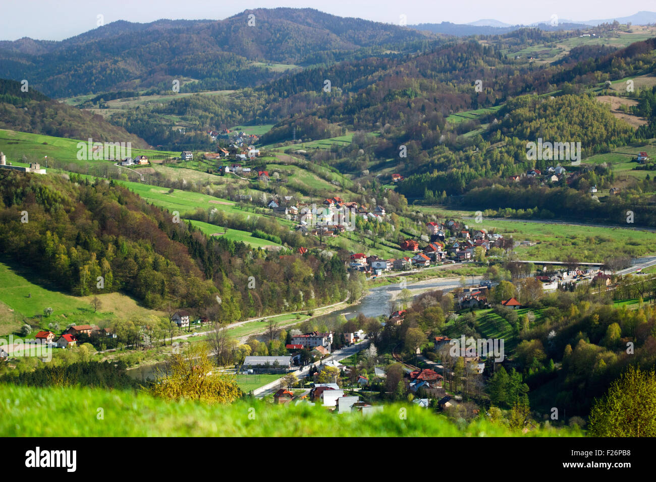 Village of Rytro (Sucha Struga) in spring. Beskids mountains, Poland ...