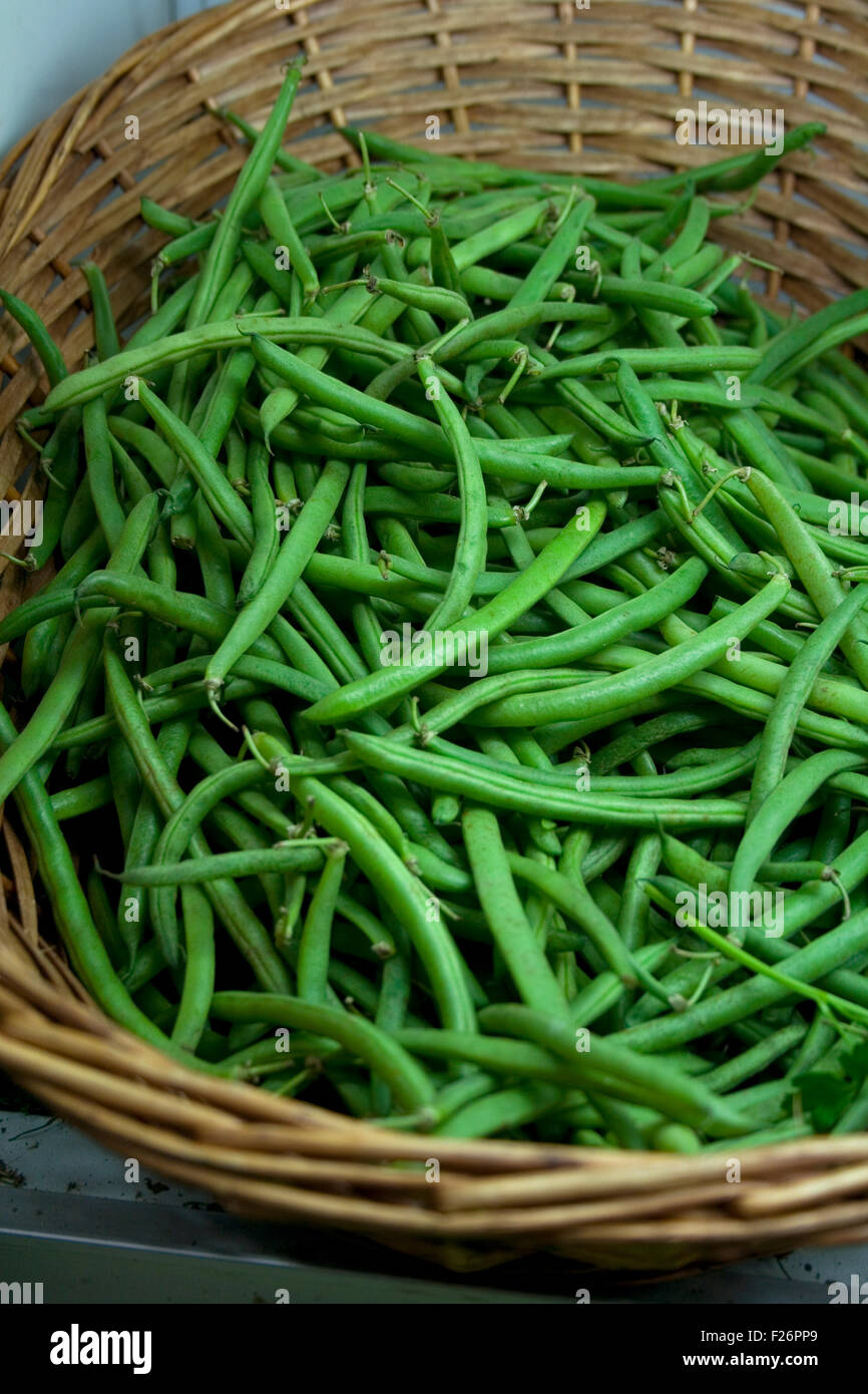 Fresh Green Beans inside a wicker basket Stock Photo - Alamy